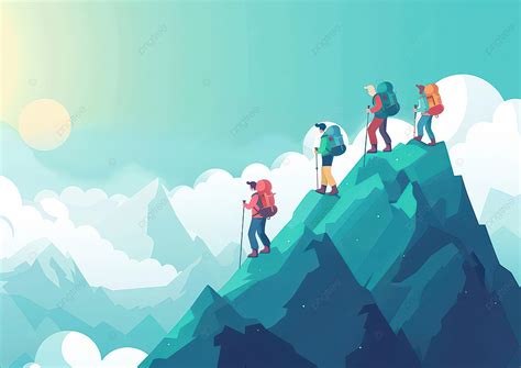 활기찬 하늘을 배경으로 산 정상에 도달하는 등산객 그룹 등산 산 모험 배경 일러스트 및 사진 무료 다운로드 Pngtree