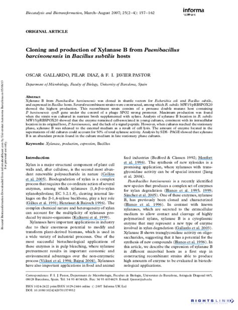 Pdf Cloning And Production Of Xylanase B From Paenibacillus Barcinonensis In Bacillus Subtilis