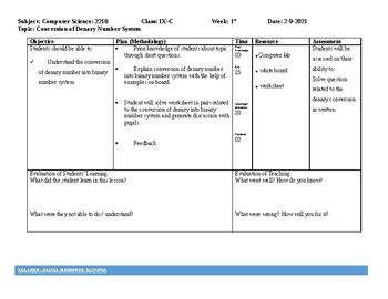 Conversion Of Denary Number System Computer Science Editable Lesson Plans