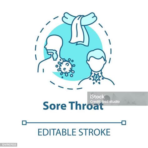 인후통 컨셉 아이콘 땀샘의 통증 호흡기 질환 전염성 질환 독감 감염 아이디어 얇은 라인 그림입니다 벡터 절연 윤곽선 Rgb 색상 드로잉 편집 가능한 스트로크 감기와 독감에
