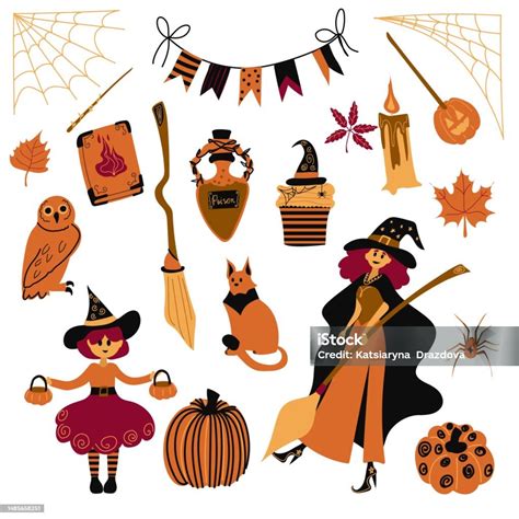 할로윈 요소 세트 마녀 유령 으스스한 성 미라 해골 재미있는 호박 스크랩북 인사말 카드 파티 초대장 포스터 태그 스티커 키트에 적합합니다 손으로 그린 벡터 그림입니다 10