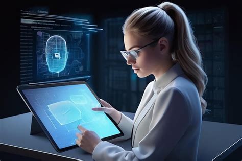 Software Coding Hologram And Woman On Tablet Thinking Of Data Analytics Premium Ai Generated Image