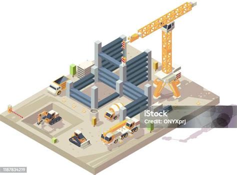 구성 아이소메트릭 옥외 건물 높은 편성 건설 노동자 차량 노란 자동차 크레인 수송기 굴삭기 벡터 건설 산업에 대한 스톡 벡터