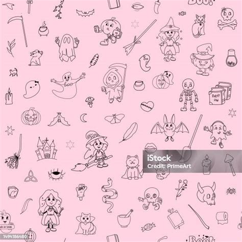 핑크 할로윈 원활한 패턴 귀여운 낙서 캐릭터 마녀 소녀 마스코트 배경 할로윈 번들 10월에 대한 스톡 벡터 아트 및 기타 이미지