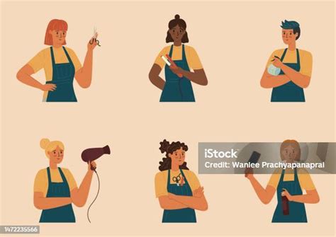 미용실 직원 남자와 여자 미용사의 그룹 벡터 세트입니다 미용사 사람들 캐릭터가 고립되어 있습니다 여성 미용사 들고 헤어 드라이어