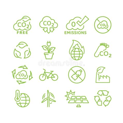 Zero Emissions Carbon Footprint Reduction Vector Icon Set Stock Vector
