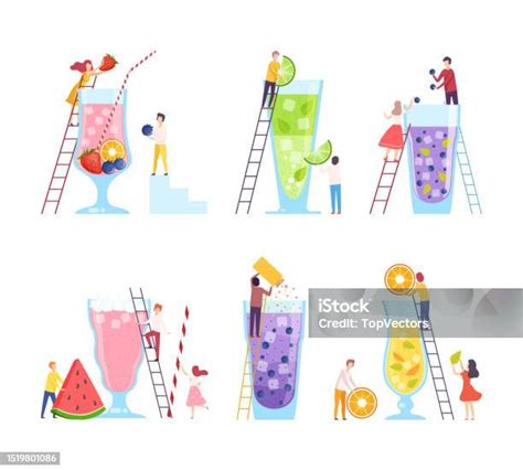 무알콜 칵테일을 만드는 작은 사람들 남성과 여성 캐릭터는 딸기 라임 수박 블루베리 오렌지를 큰 유리 평면 벡터 그림에 넣는다
