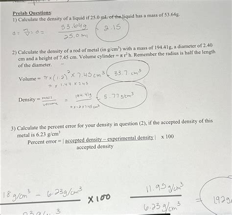 Solved Prelab Questions Calculate The Density Of A Liquid If Chegg Com