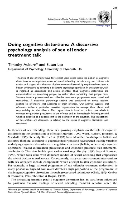 Pdf Doing Cognitive Distortions A Discursive Psychology Analysis Of Sex Offender Treatment Talk