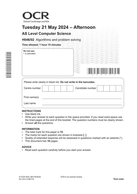 Ocr As Level Computer Science H04602 June 2024 Question Paper Algorithms And Problem Solving