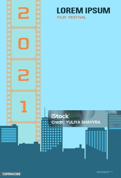 시네마 영화제 포스터 미래지향적인 도시 경관 배경의 필름 스트립 프레임 시네마 배경 광고 포스터 브로셔 배너 전단지 전단지 또는