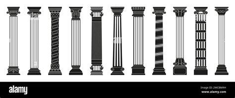 Black Antique Columns Ancient Roman Doric Columns With Carved Decorative Elements Old Greek