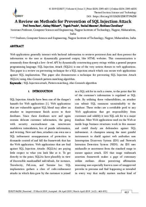 Pdf A Review On Methods For Prevention Of Sql Injection Attack