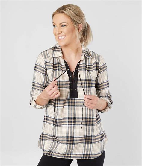 Daytrip Lace Up Flannel Shirt Womens Shirtsblouses In Tan Buckle