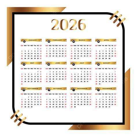 2026 Yearly Calendar With Black And Golden Unique Design Vector