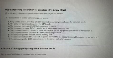 Solved Use The Following Information For Exercises 1314 Chegg