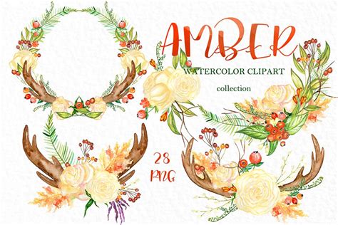 秋天水彩花卉花环剪贴画汇总 Amber Autumn watercolor clipart 第一素材网