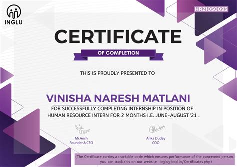 Vinisha Matlani On Linkedin I Have Successfully Completed My Internship As A Human Resource