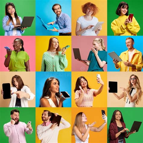 Young People Men And Women Different Races And Ages Using Gadgets As