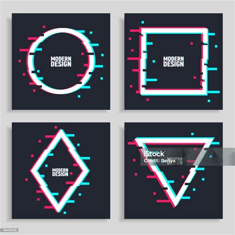 왜곡 된 결함 스타일에 기하학적 도형의 설정 합니다 Glitched 프레임을 설정합니다 디자인 카드 포스터 전단지 커버 배너에 대 한 현대 유행 배경 벡터 일러스트 레이 션