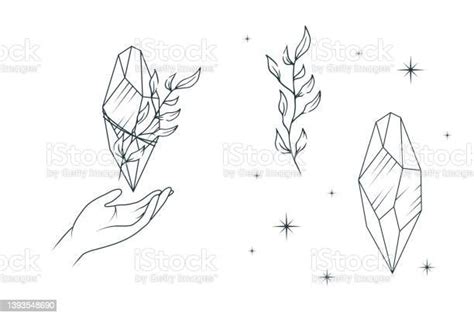 마법의 크리스탈과 나뭇 가지를 들고있는 천상의 손 손으로 그린 신비로운 고립 세트 요술과 문신을위한 벡터 일러스트레이션 개체