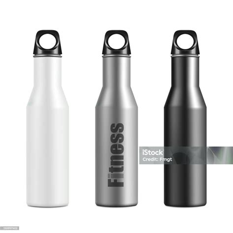 벡터 현실적인 3d 흰색과 검은 색 빈 광택 금속 물 병 검은 붕아이콘흰색 배경에 닫닫는 설정 그래픽에 대한 패키징 모형의 디자인 템플릿입니다 정면 도면 실물 모형에 대한