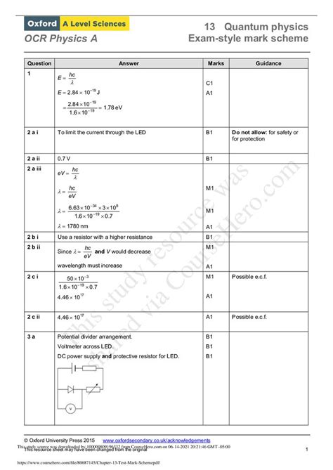 OXFORD A LEVEL Quantum Physics OCR Physics A Exam Style Mark Scheme