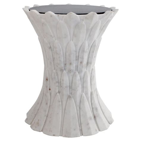 Feathers Side Table In Agra White Marble Handcrafted In India For Sale