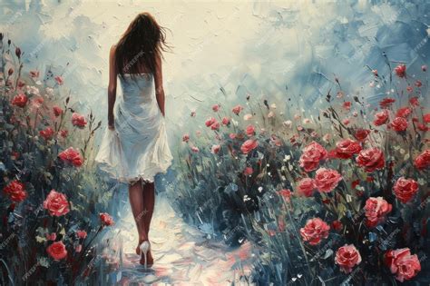 Premium Photo A Painting Of A Woman Walking Through A Field Of Flowers