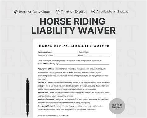 One Page Horse Riding Liability Waiver Editable Equine Waiver Form