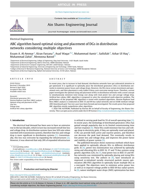 Pdf Abc Algorithm Based Optimal Sizing And Placement Of Dgs In Distribution Networks