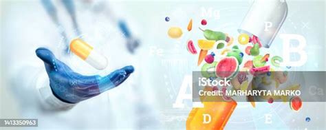 약용 캡슐과 과일이 들어있는 영양 정제 형태의 식품 보충제 대체 의학 비타민 자연 요법 건강 동종 요법 3d 그림 3d 렌더링