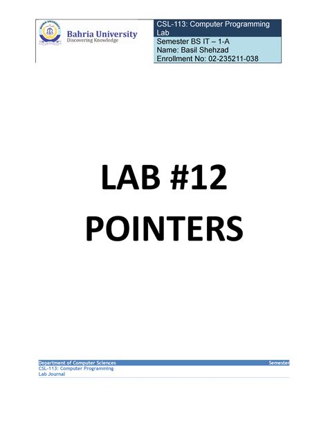 Assignment 12 Pointers Of Computer Programming Lab In Bukc Lab