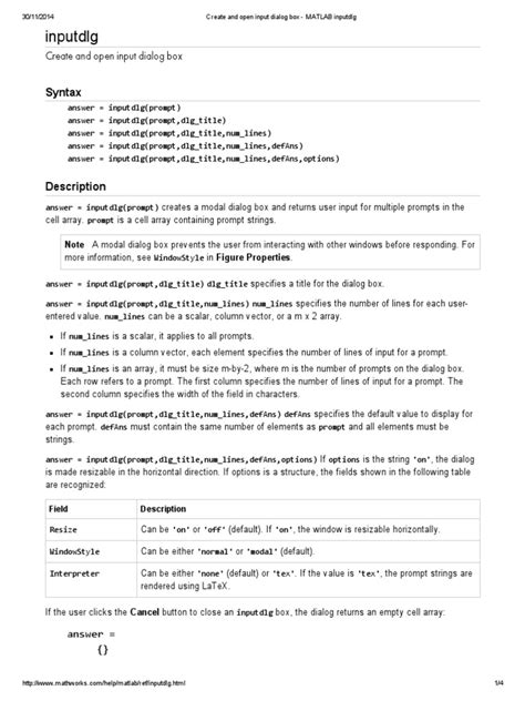 Create And Open Input Dialog Box Matlab Inputdlg Pdf Dialog Box