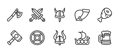 중세 전사 아이콘 세트입니다 바이킹과 고대 전사 벡터 그림 헬멧 도끼 방패 검 배틀 혼 배 망치 맥주잔이 포함되어 있습니다 북유럽의 역사와 갑옷의 상징 검에 대한 스톡 벡터