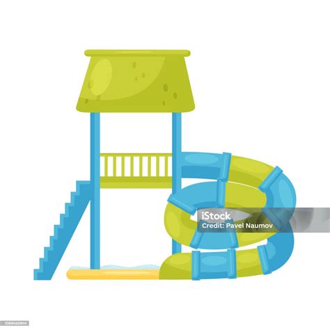 나선형 계단 및 수영장 튜브 물 슬라이드입니다 아쿠아 파크 장비입니다 레크리에이션 및 엔터테인먼트 테마입니다 평면 벡터 디자인