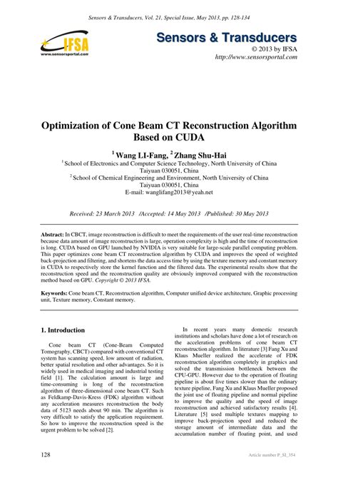 PDF Optimization Of Cone Beam CT Reconstruction Algorithm Based On CUDA