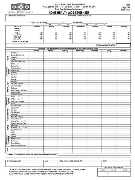 Printable Caregiver Timesheet Template