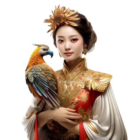 Cute 3d Chinese Girl With Golden Pheasant White Background 3d Clipart