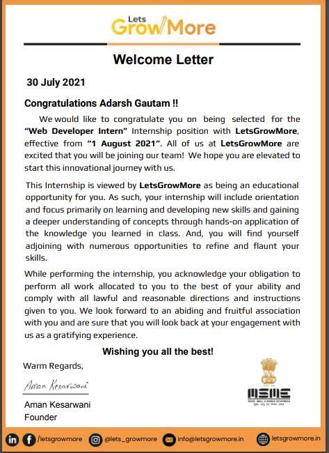Adarsh Gautam On Linkedin ᴄᴏɴɴᴇᴄᴛɪᴏɴꜱ Letsgrowmore Webdeveloper Internship2021