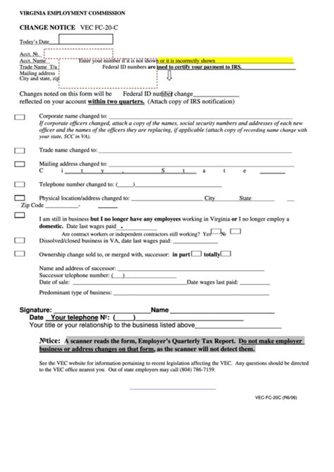 Vec Fc 20 C Virginia Employment Commission Form 2006 Printable Pdf Download