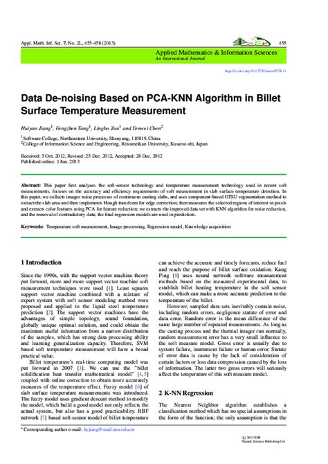 Pdf Data De Noising Based On Pca Knn Algorithm In Billet Surface Temperature Measurement
