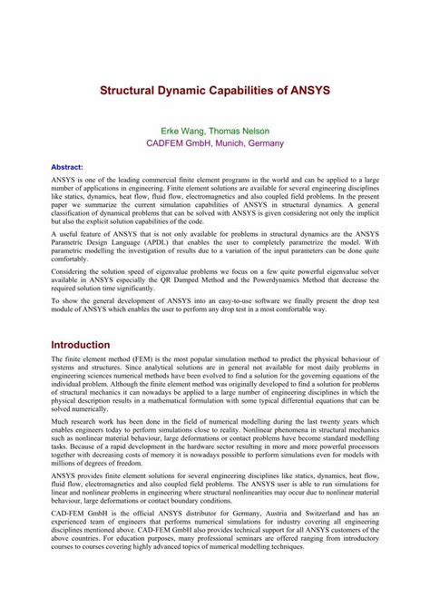 pdf structural dynamic capabilities of ansys paper we summarize the current simulation