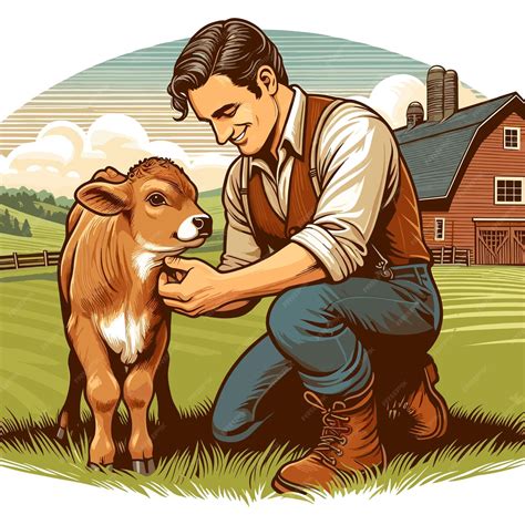 Un Hombre Acariciando Una Vaca Con Un Granero En El Fondo Ganado Y