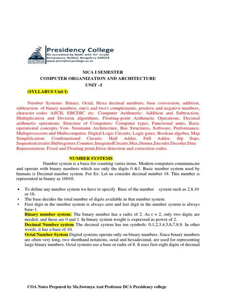 mca coa notes unit 1 pdf subtraction mathematical notation