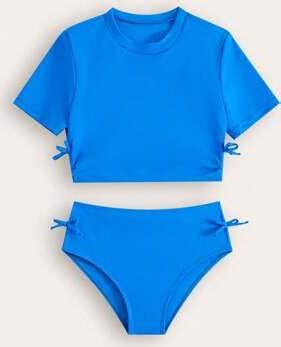 Shein Tween Girl Solid Color Fabric Two Piece Swimwear Set • Price