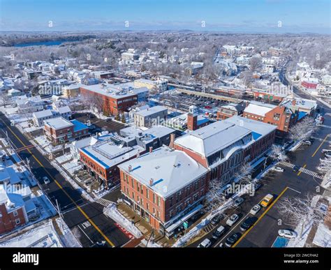 Historic Commercial Buildings Aerial View On Main Street At Natick