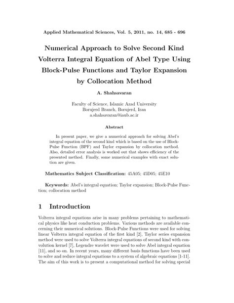 Pdf Numerical Approach To Solve Second Kind Volterra Integral