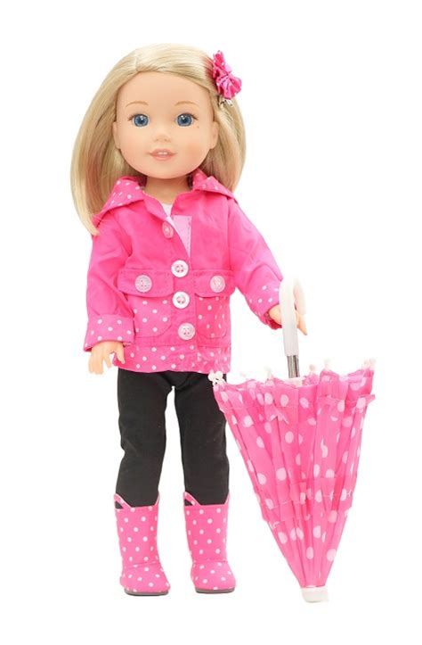 145 Wellie Wisher Doll Pink Polka Dot Raincoat Set The Doll Boutique