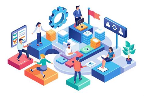 A Vibrant Isometric Illustration Portrays A Team Utilizing Agile Methods To Enhance